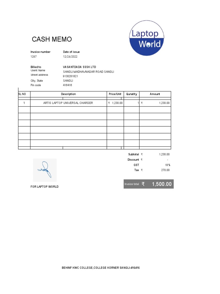 Cash Memo With Discount | PDF