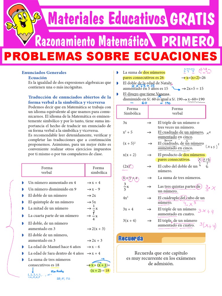 Actividades-de-Planteo-de-Ecuaciones-para-Primer-Grado-de-Secundaria-ok (1) - 4 | PDF | División ...