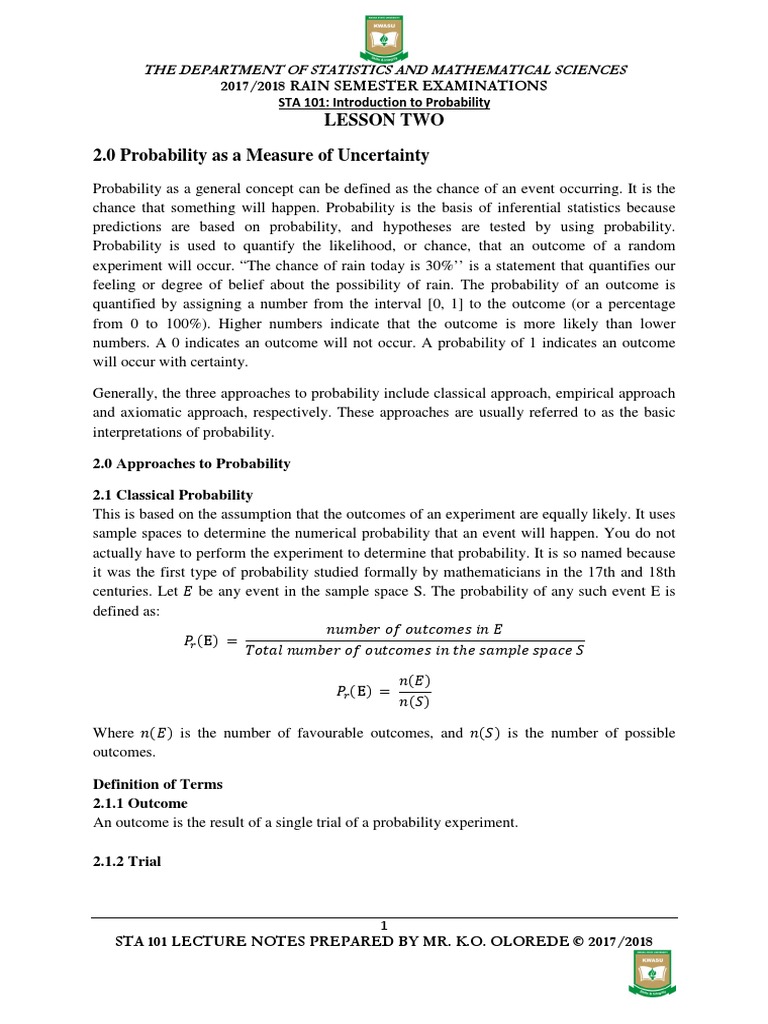 STA 101 LECTURE NOTES (September 2017) | PDF | Probability | Statistics