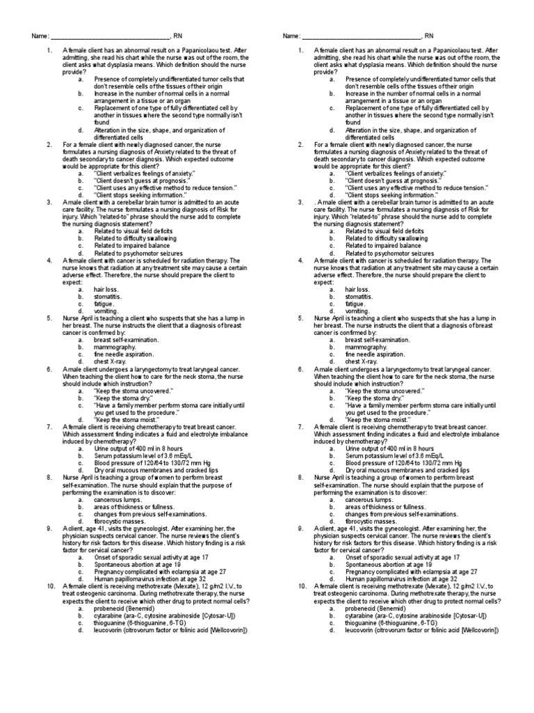 Oncology Nursing Quiz | PDF | Cancer | Breast Cancer