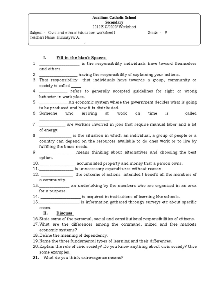 Grade 9 Civics Worksheet I | PDF