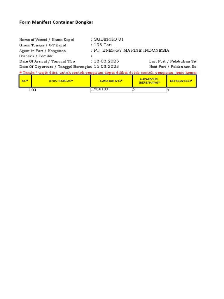 Form Manifest Bongkar Kapal SUBERKO 01 | PDF