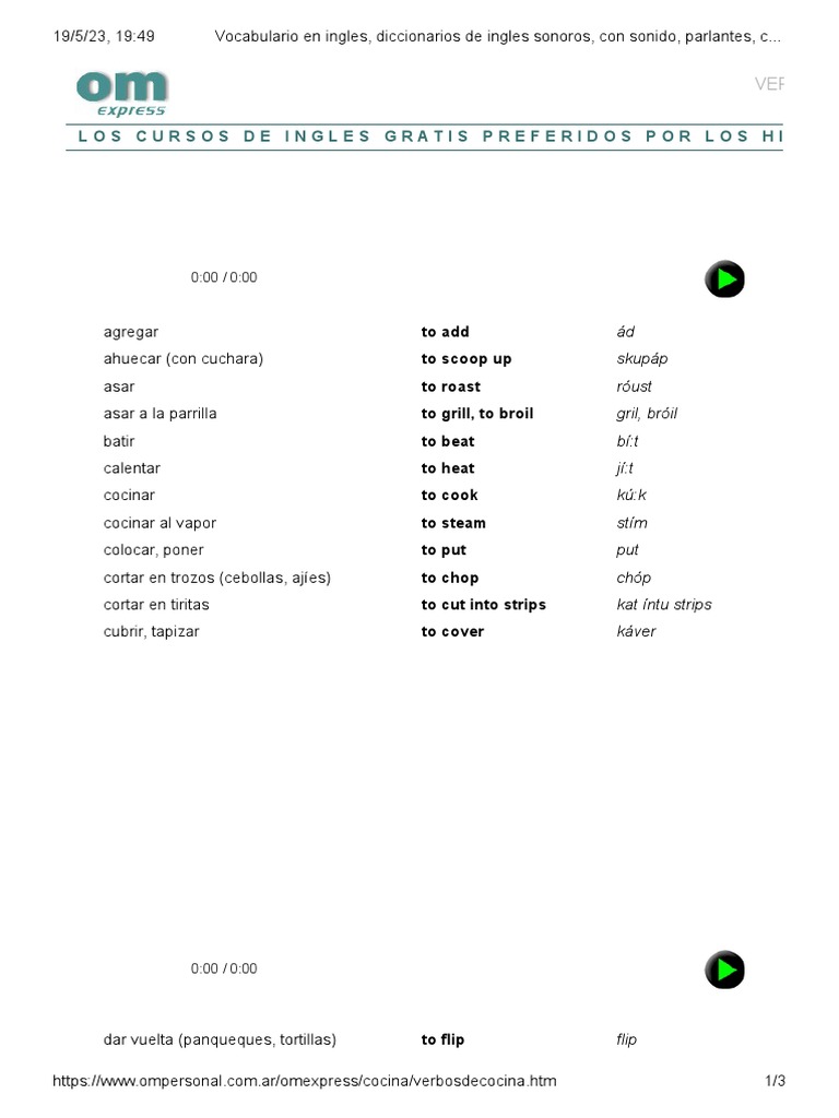 Vocabulario Verbos De La Cocina Pdf Alimentos Cocinando