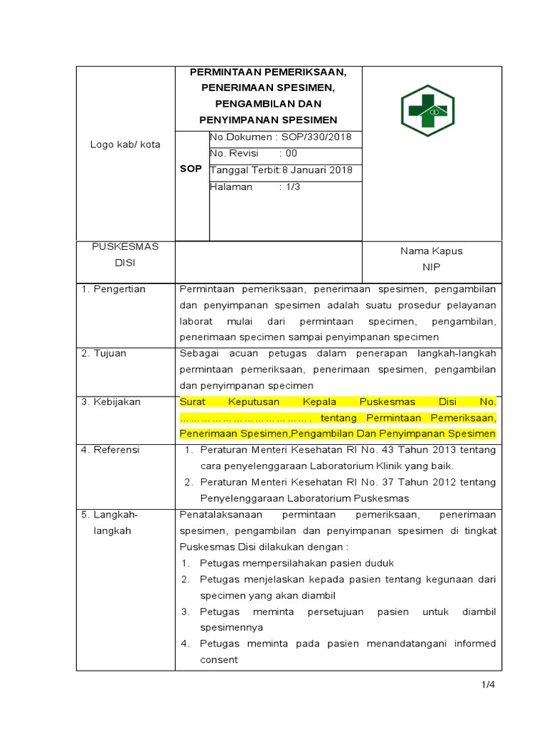 (NO. 02) 8.1.2.1. SOP. PERMINTAAN PEMERIKSAAN, PENERIMAAN SPESIMEN, PENGAMBILAN DAN PENYIMPANAN ...