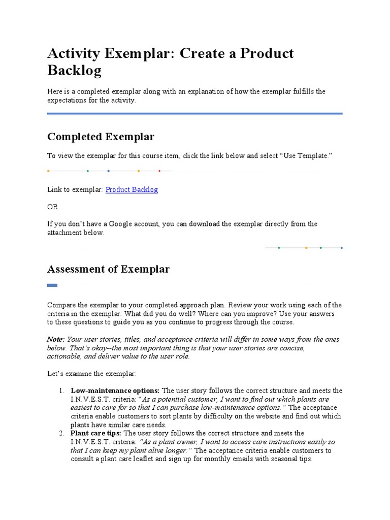 Activity Exemplar - Create a Product Backlog | PDF | Scrum (Software ...