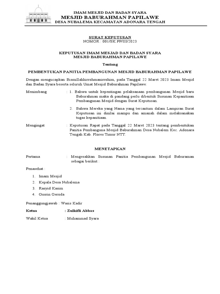 Surat Keputusan Panitia Mesjid | PDF
