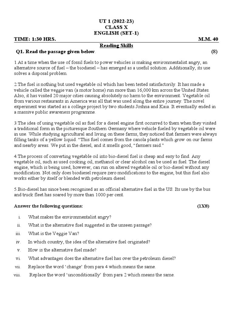 Class X English UT1 Set-1 (22-23) | PDF | Biodiesel | Vegetable Oil