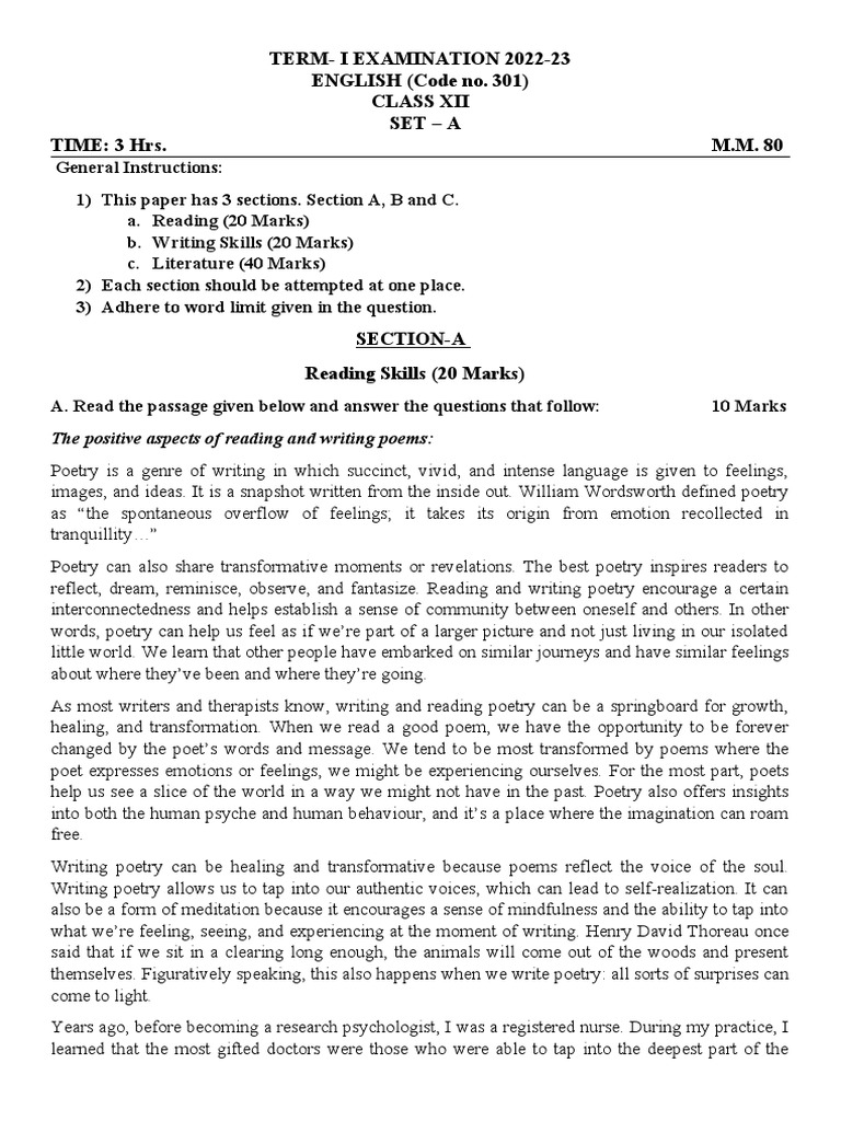 Class Xii Term - 1 Set 1 | PDF | Poetry | Soul