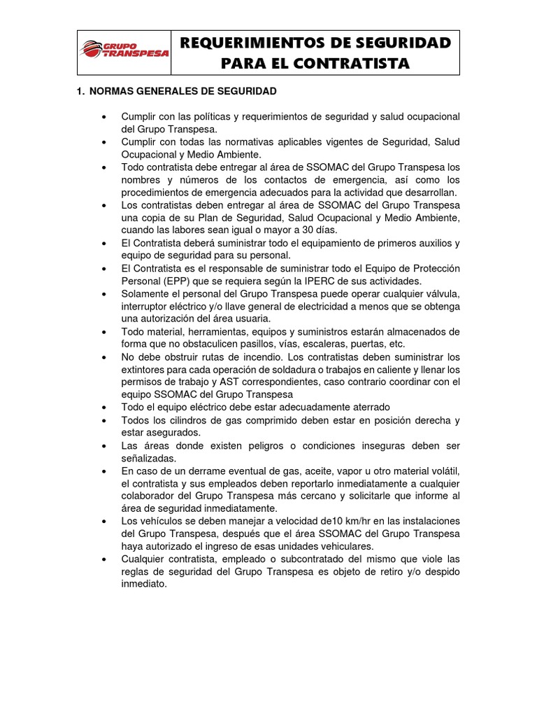 Normas Generales de Seguridad para Contratistas | PDF | Residuos