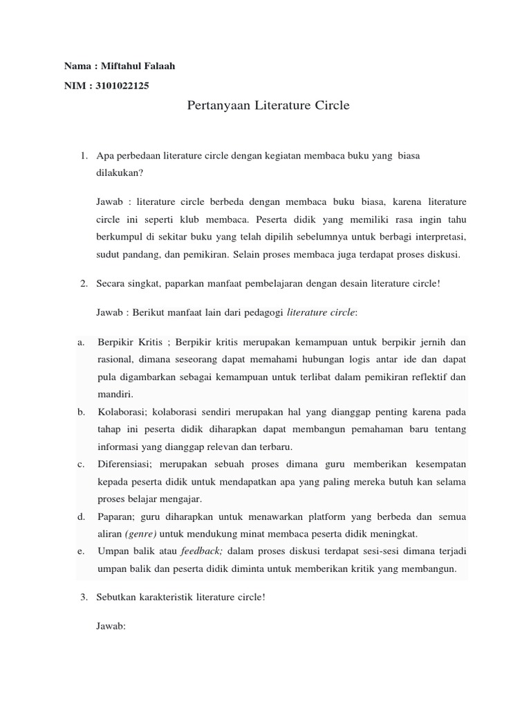 Pertanyaan Literature Circle | PDF