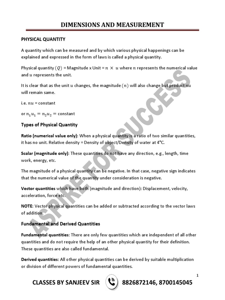 DIMENSIONS AND MEASUREMENT (Sanjeev Sir) | PDF | Significant Figures | Euclidean Vector