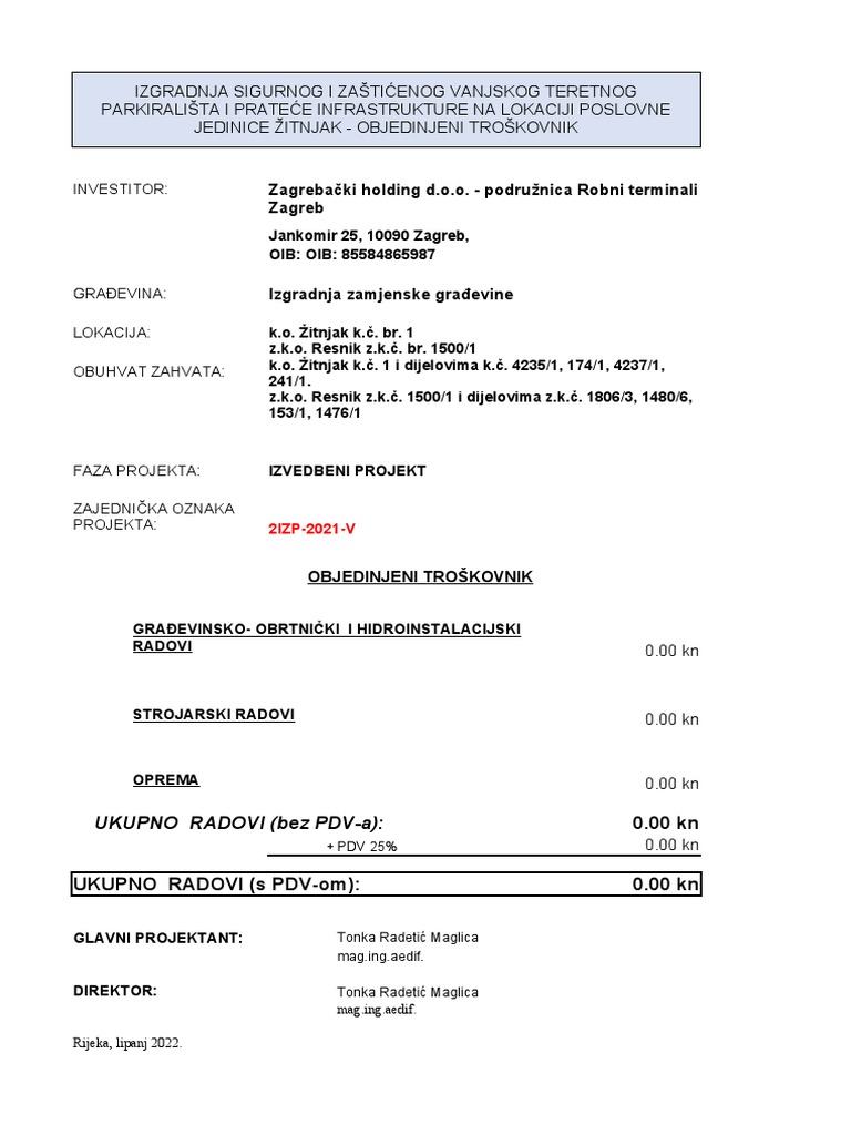 Troskovnik-Analiza Trzista-Objedinjeni Troškovnik Prateći Objekat Žitnjak | PDF