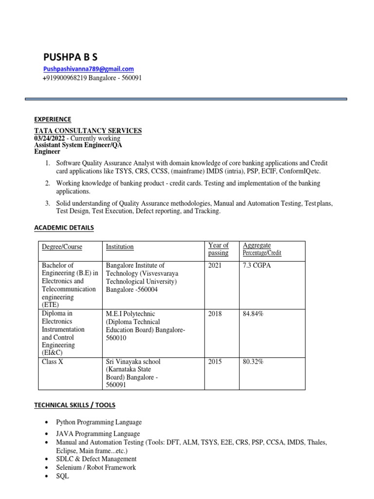 CV - Pushpa Shivanna | Download Free PDF | Systems Engineering | Computing