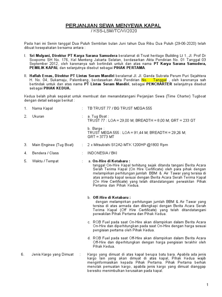 Draft Kontrak TC Kapal TB Trust 77-BG TM 555 PT Lintas Seram Mandiri' | PDF
