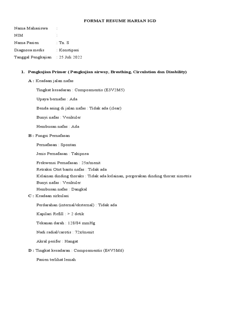 Format Resume Harian Igd | PDF