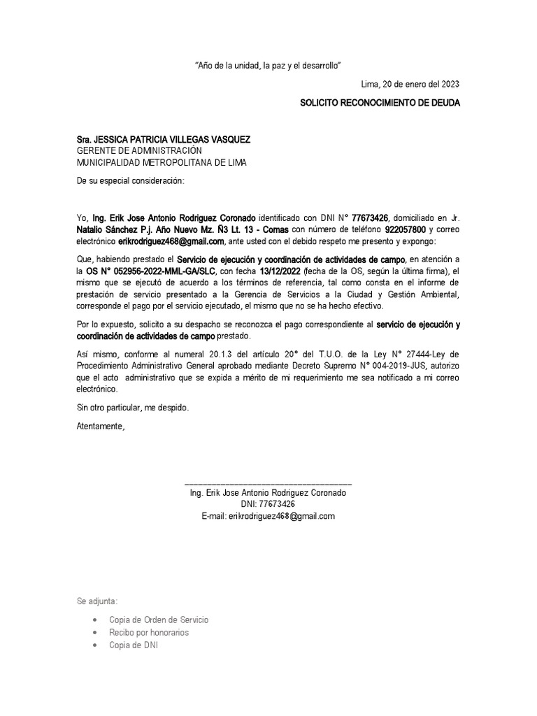 Solicitud de Reconocimiento de Deuda en Lima | PDF