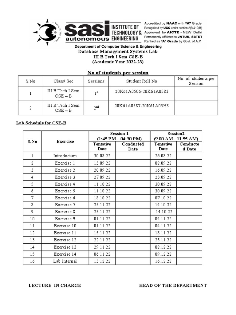 CSE-B Database Management Lab Schedule | PDF
