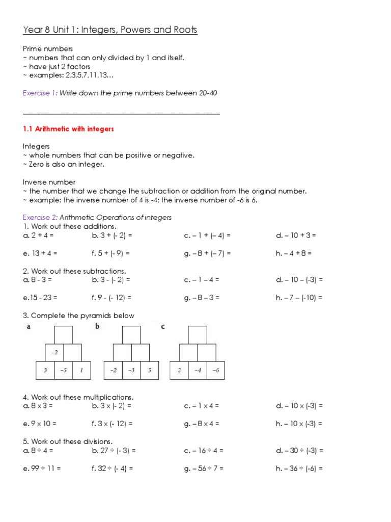 Grade 8 Integers, Powers, and Roots | PDF | Numbers | Mathematics