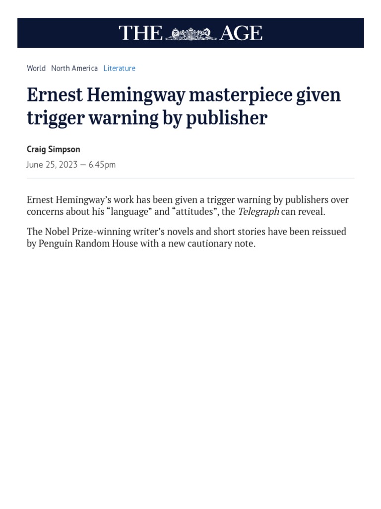 Ernest Hemingway Masterpiece Given Trigger Warning by Publisher | PDF | Ernest Hemingway