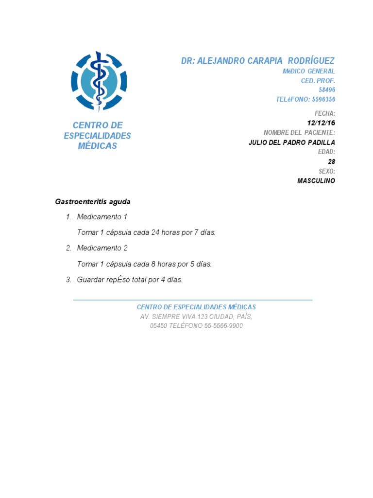 Receta médica para gastroenteritis aguda | PDF