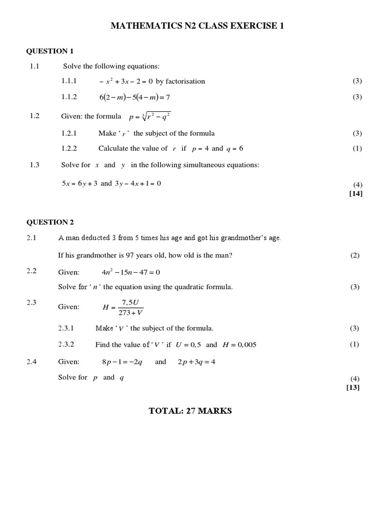 N2 Mathematics EX 1 | PDF