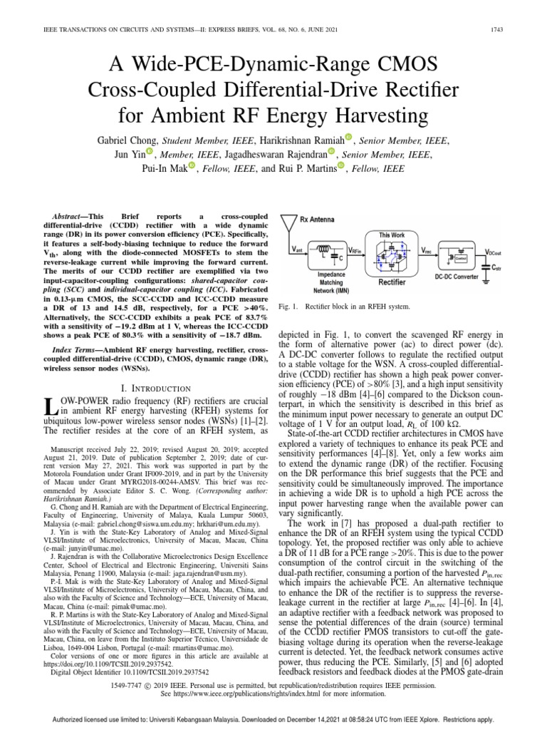 A Wide-PCE-Dynamic-Range CMOS Cross-Coupled Differential-Drive Rectifier For Ambient RF Energy ...