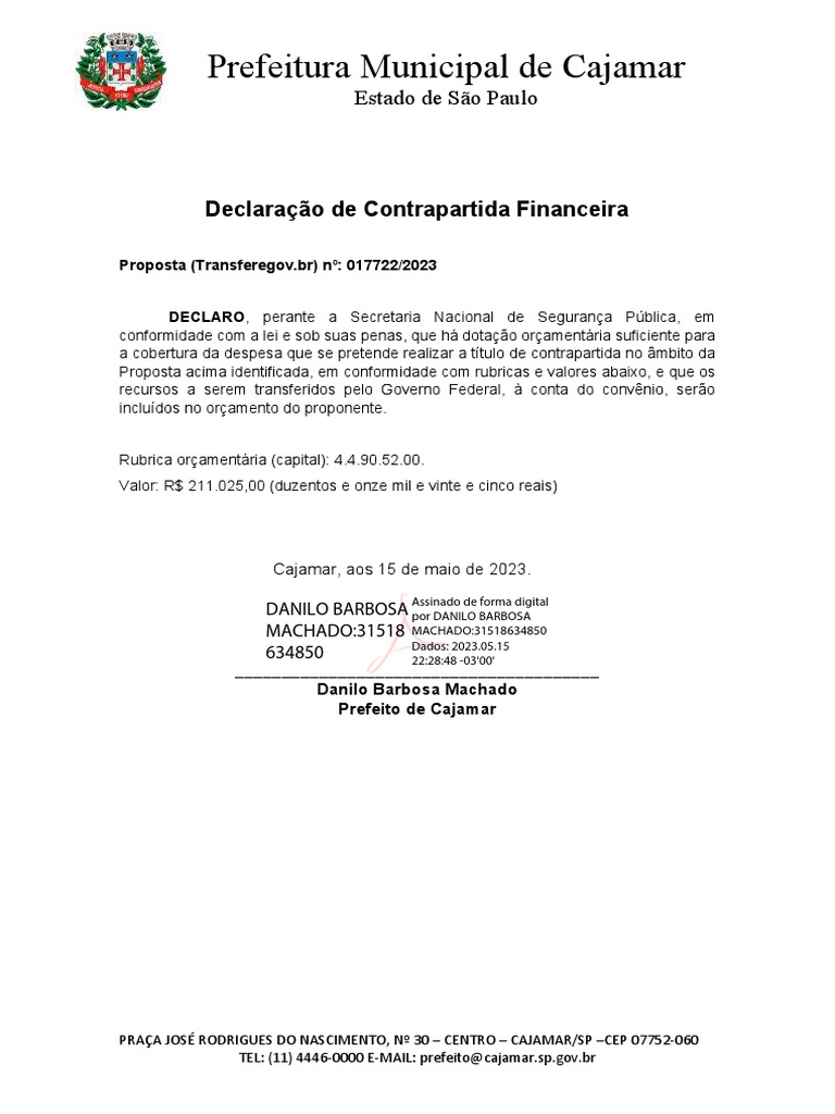 Declaração de Contrapartida Financeira | PDF