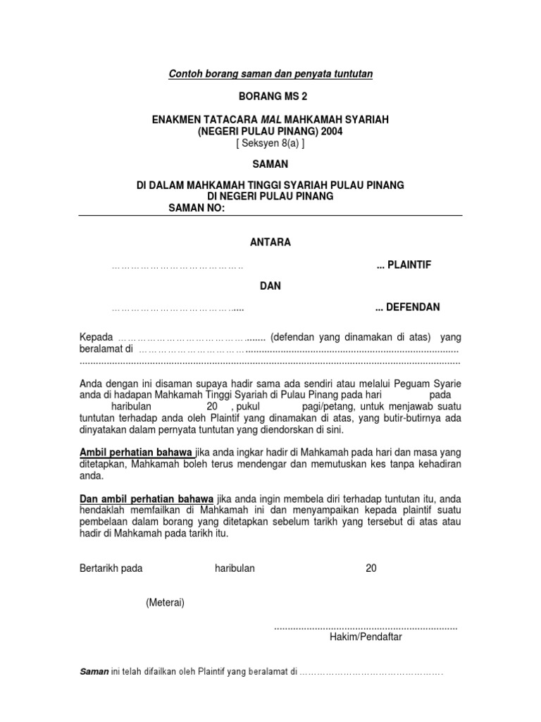 Contoh Borang Saman Dan Penyata Tuntutan | PDF