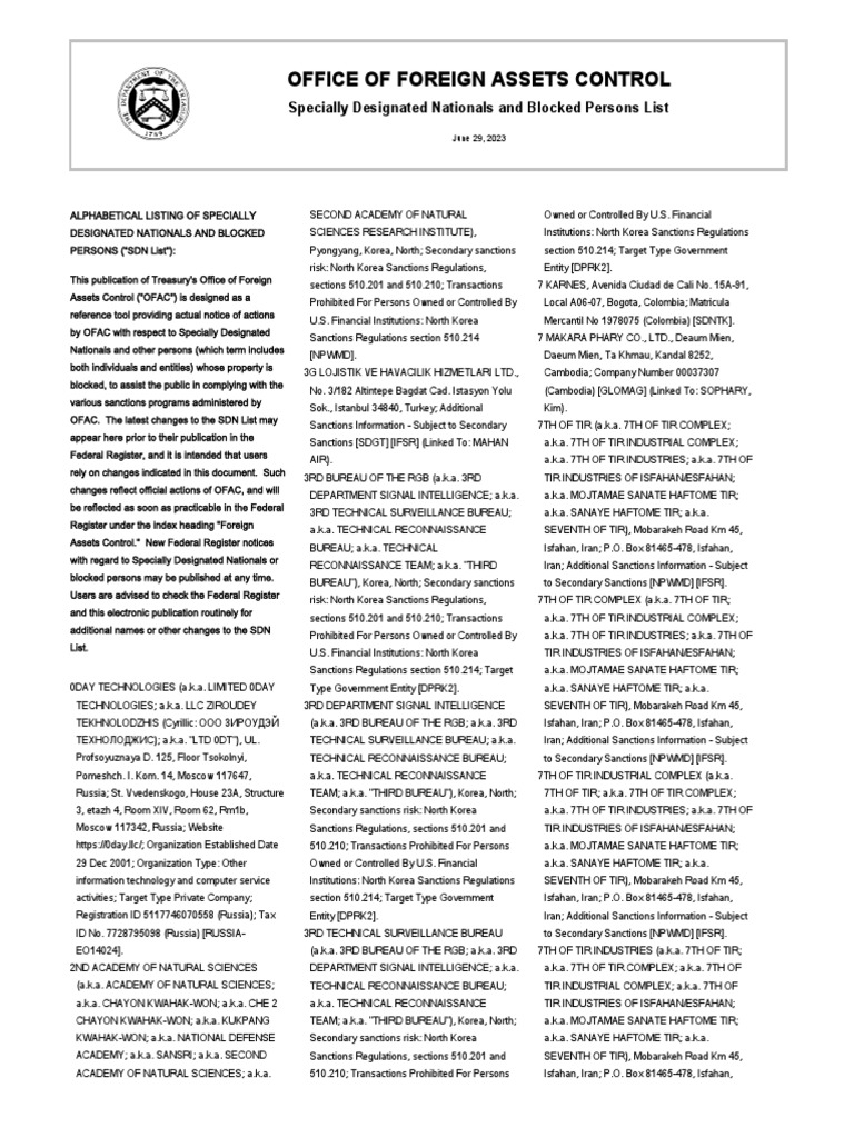 OFAC SDN List Update - June 2023 | PDF | Office Of Foreign Assets Control