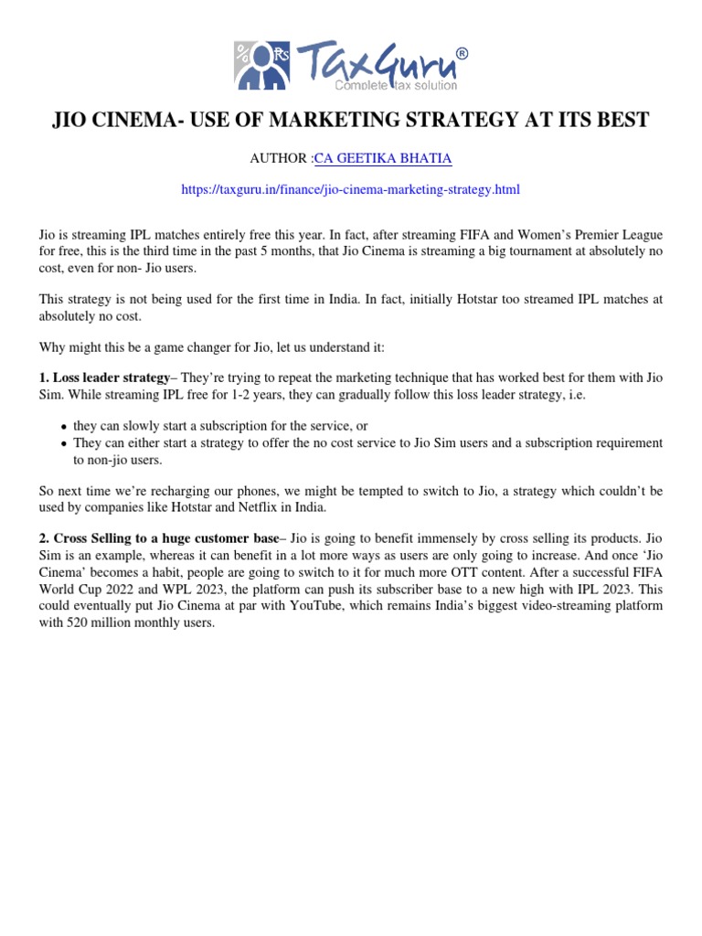 Jio Cinema - Use of Marketing Strategy at Its Best - Taxguru - in | PDF | Streaming Media ...