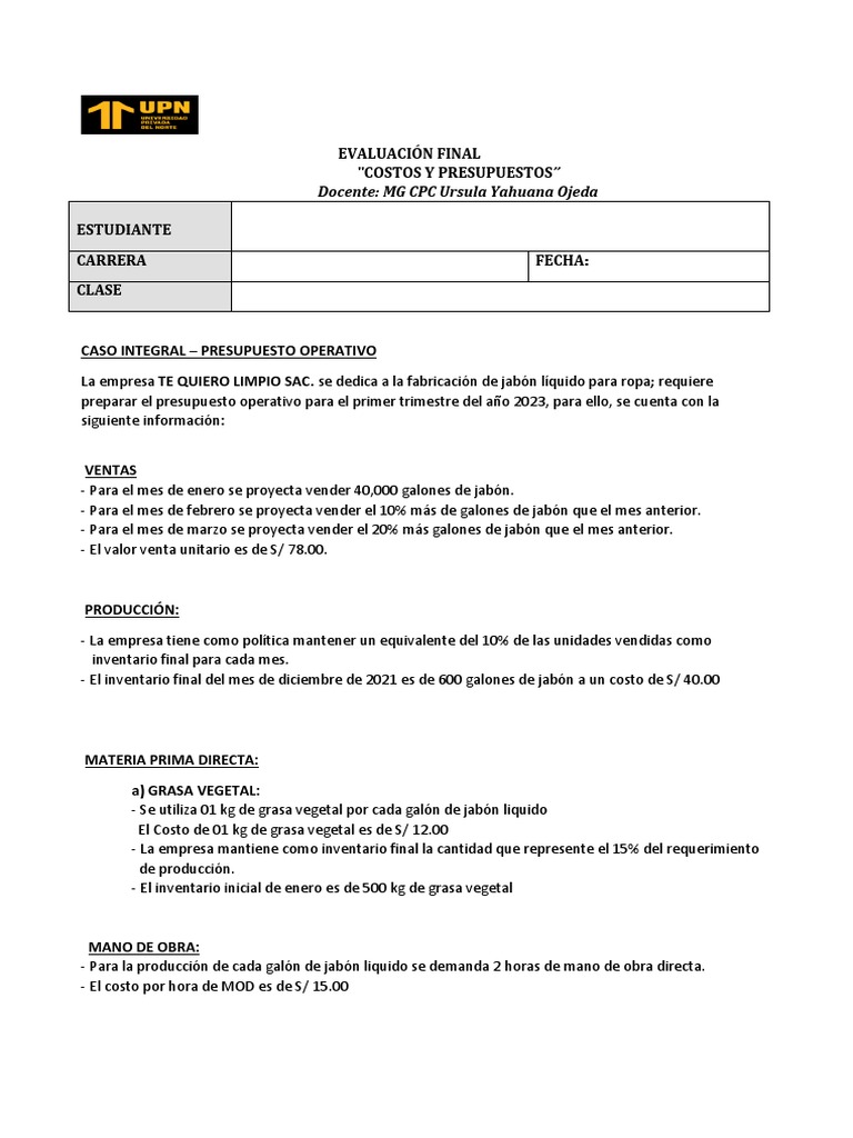 EXAMEN FINAL - Costos y Presupuestos | PDF | Presupuesto | Costo