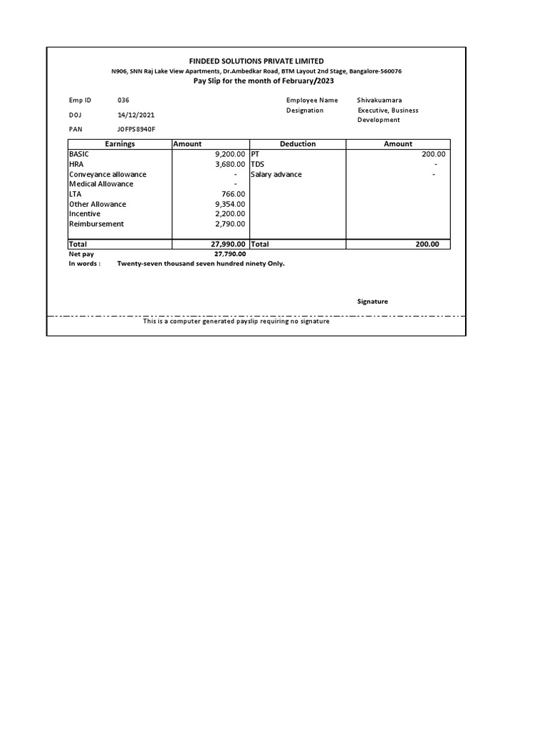Findeed Salary Slip February 2023 | PDF