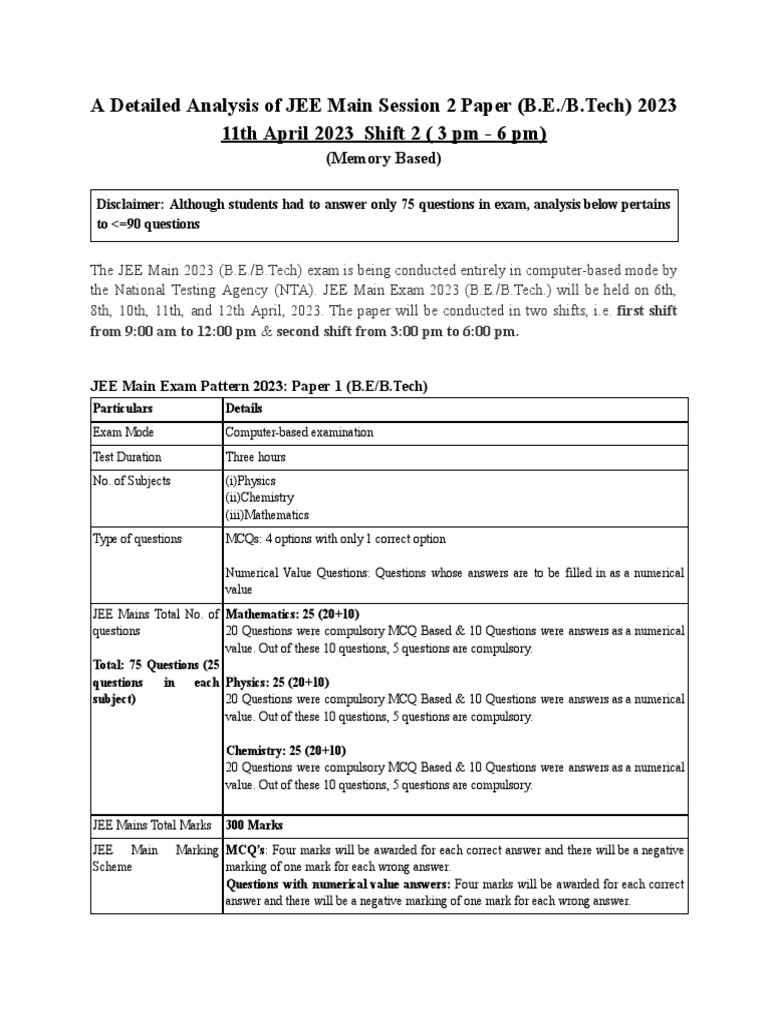 11th April 23 - Shift 2 Paper Analysis of JEE Main Session 2 2023 | PDF ... 11th April 23 - Shift 2 Paper Analysis of JEE Main Session 2 2023 | PDF ...