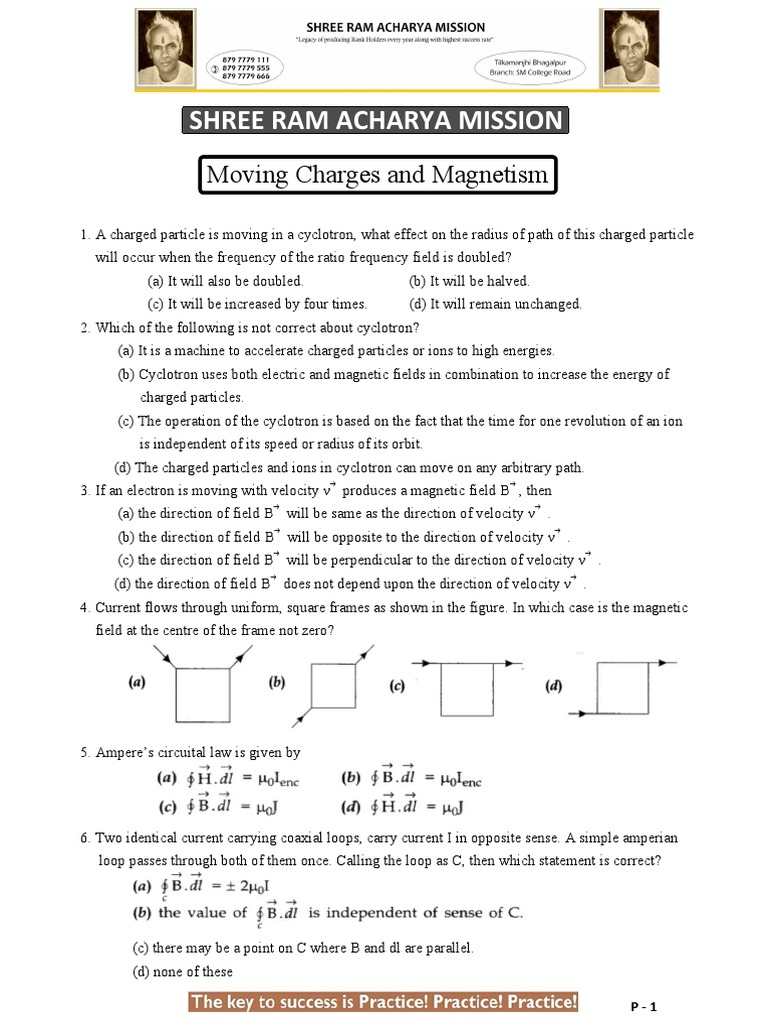 MCQs Moving Charge and Magnetism | PDF | Magnetic Field | Electron