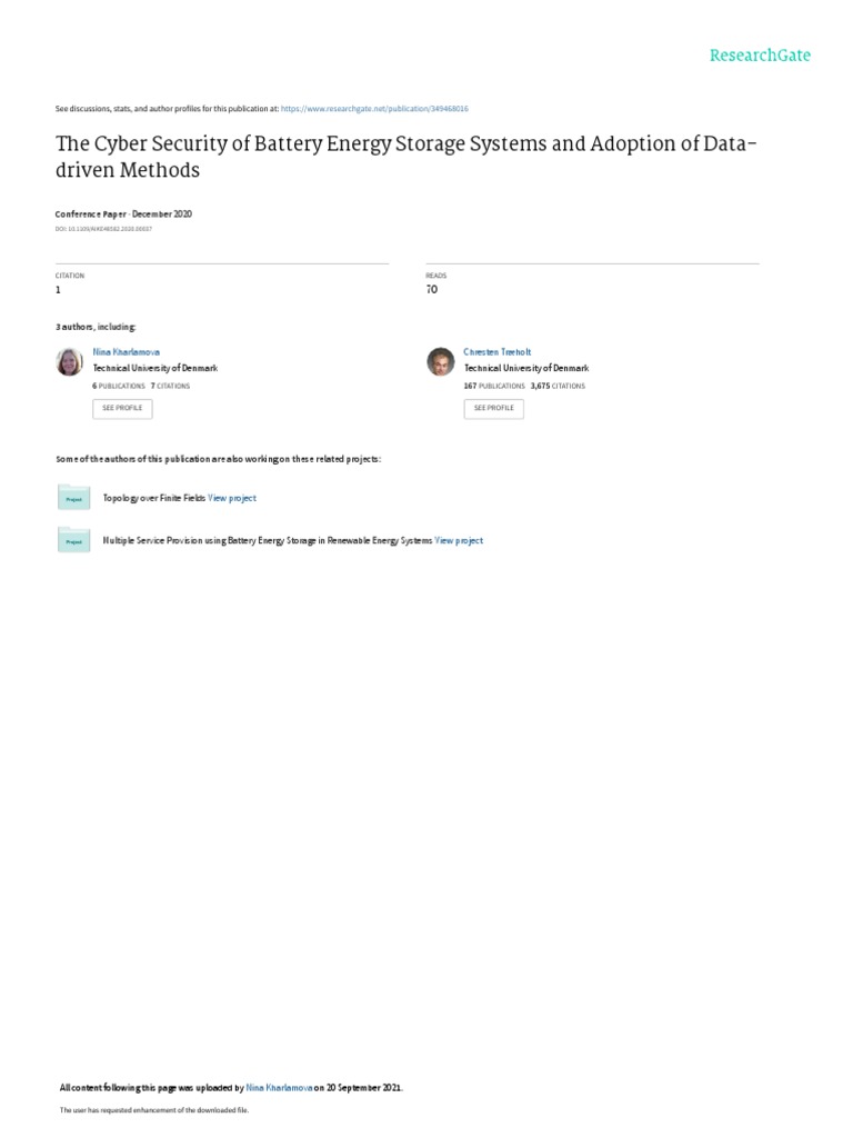 The Cyber Security of Battery Energy Storage Systems and Adoption of Data-Driven Methods | PDF ...