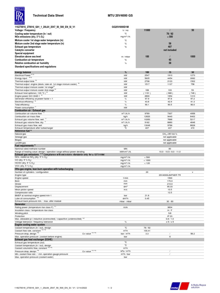 MTU 20V4000 Engine Specifications | PDF | Engines | Coolant