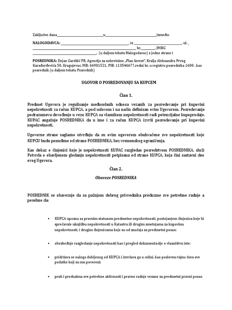 Ugovor o Posredovanju Sa Kupcem | PDF