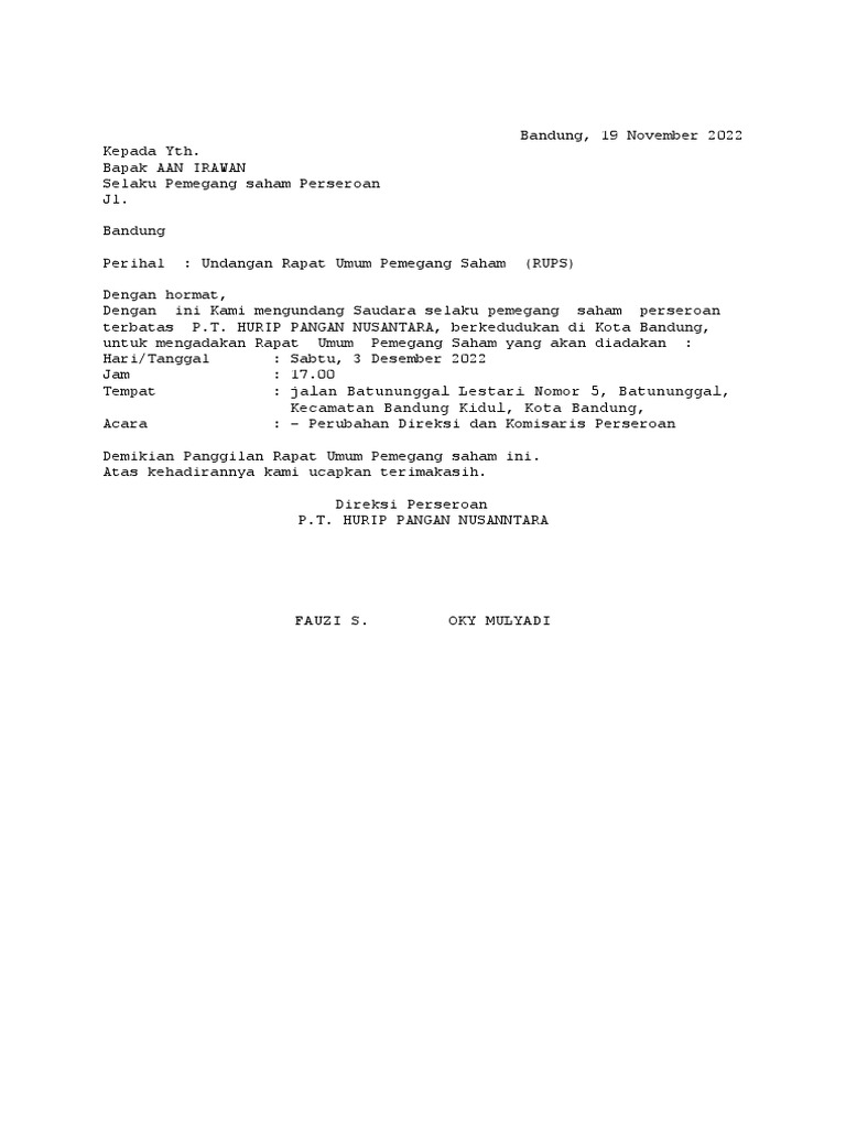 Undangan Rapat PT Hurip Pangan | PDF