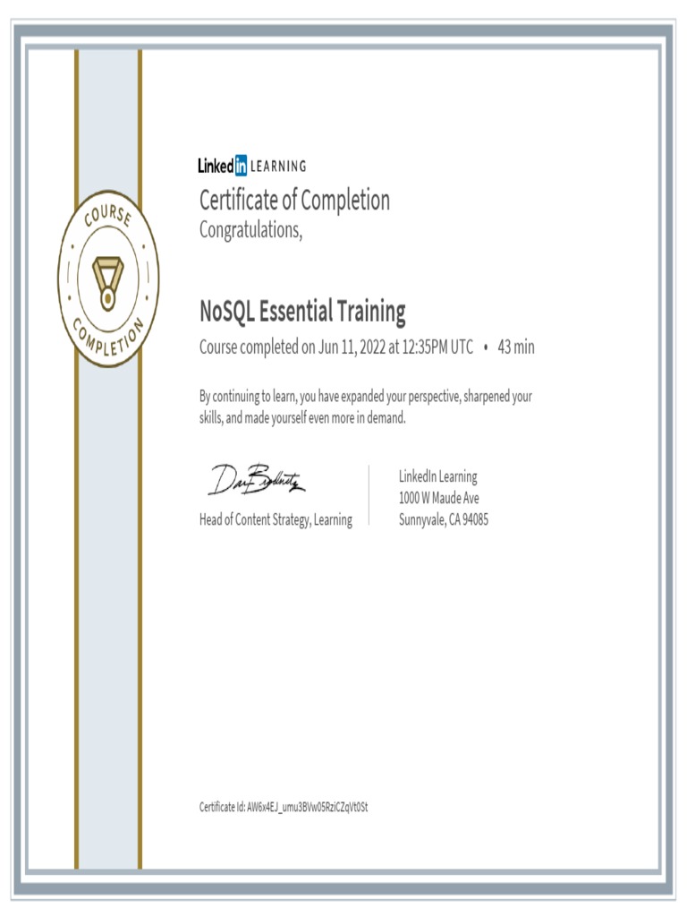 CertificateOfCompletion - NoSQL Essential Training | PDF