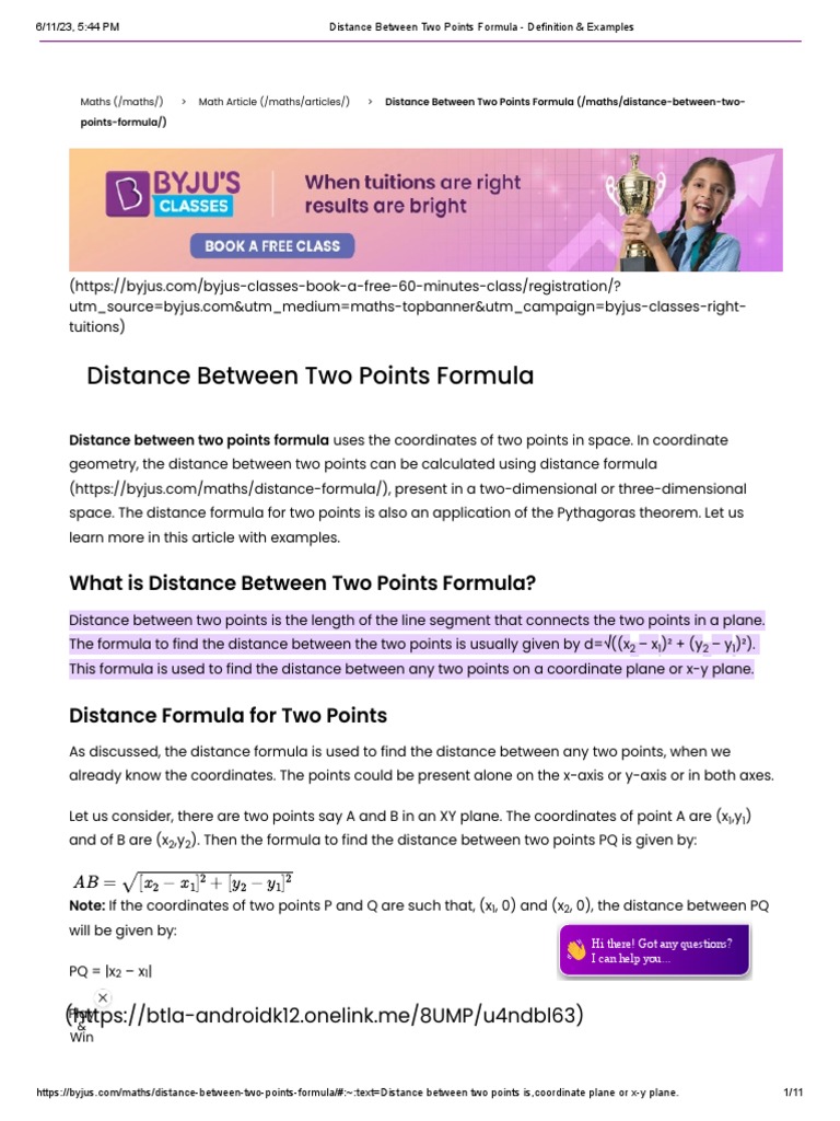 Distance Between Two Points Formula - Definition & Examples | PDF ... Distance Between Two Points Formula - Definition & Examples | PDF ...
