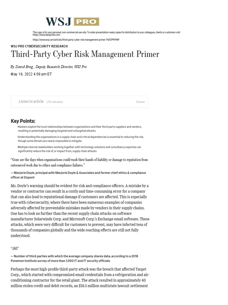350 Third Party Cyber Risk Management Primer Pdf Security
