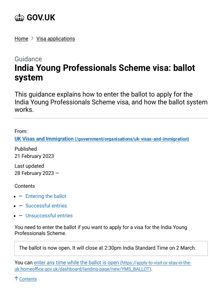 India Young Professionals Scheme Visa - Ballot System - GOV - UK | PDF ...