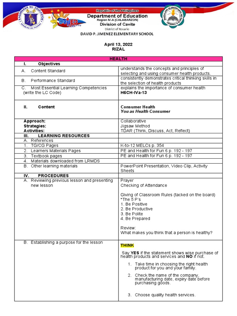 Lesson-Plan-in-MAPEH-HEALTH WK1-COT | PDF | Learning | Information