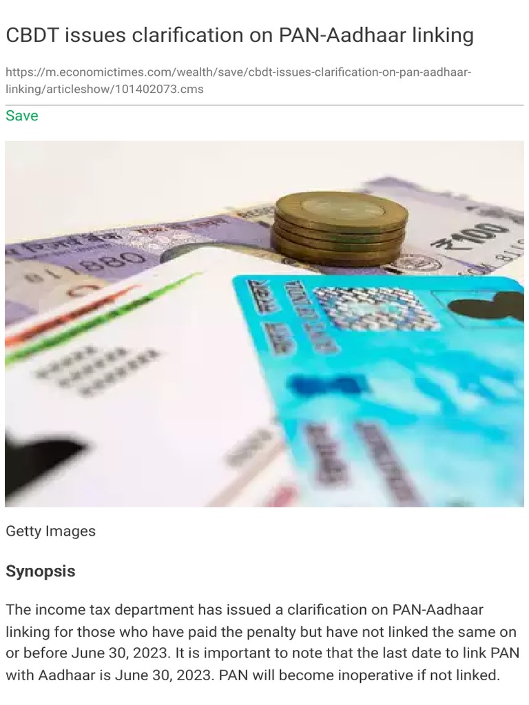 PAN-Aadhaar Linking CBDT Issues Clarification On | PDF | Taxes | Expense PAN-Aadhaar Linking CBDT Issues Clarification On | PDF | Taxes | Expense