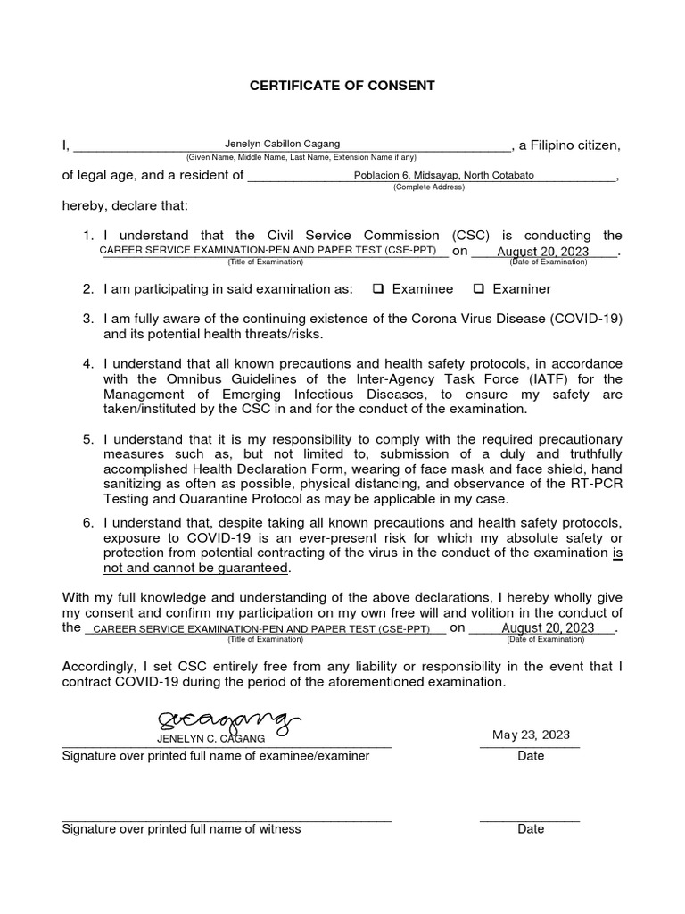 CSC Certificate of Consent Form | PDF | Safety | Health Disasters