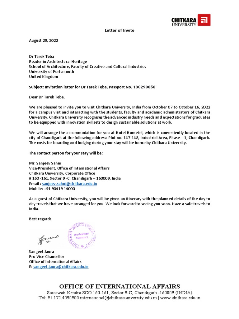 Invitation for Dr. Tarek Teba's Visit to Chitkara University | PDF