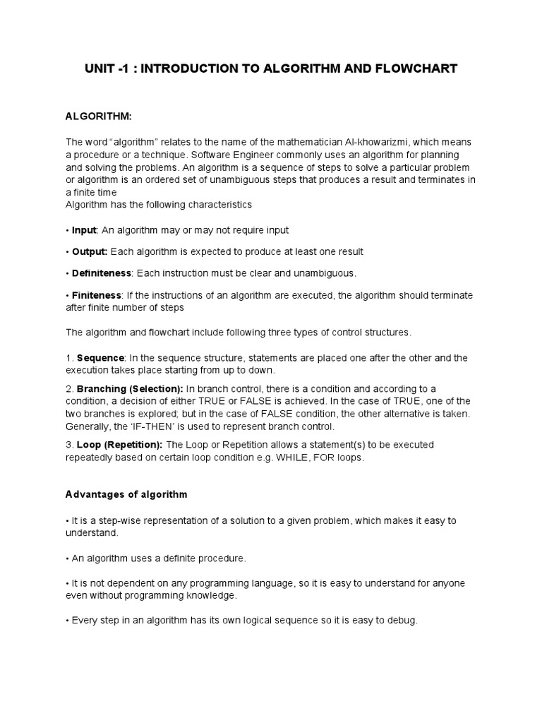 Unit 1-Introduction To Algorithm and Flowchart | PDF | Algorithms | Programming