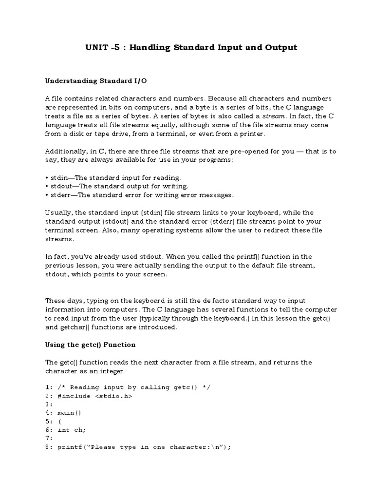 Unit 5 - Handling Standard Input and Output | PDF | Computer Science | Computer Data