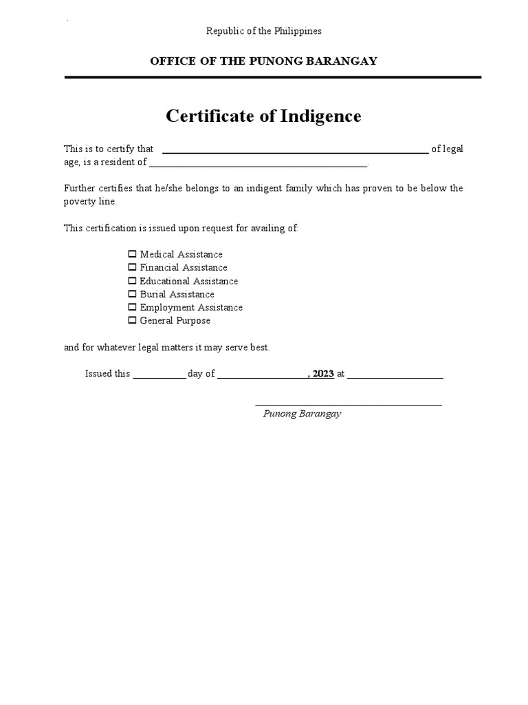 Barangay Indigency Form | PDF