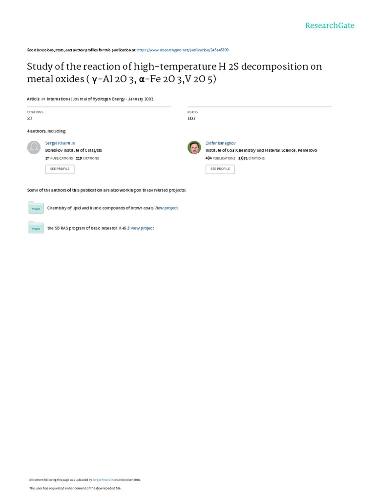 Hay ．Study of the reaction of high-temperature H2S decomposition on ...